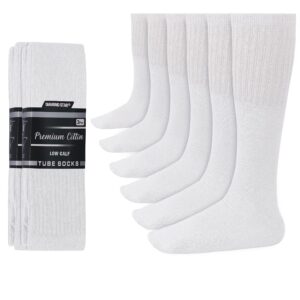 diamond star men's 6 pack athletic tube socks running sports over the calf full cushioned premium soft cotton big and tall 10-15 (white)