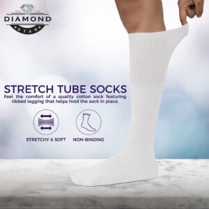 Diamond Star Men's 6 Pack Athletic Tube Socks Running Sports Over The Calf Full Cushioned Premium Soft Cotton Big and Tall 10-15 (White)