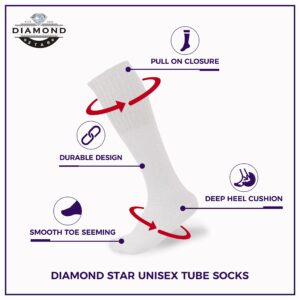 Diamond Star Men's 6 Pack Athletic Tube Socks Running Sports Over The Calf Full Cushioned Premium Soft Cotton Big and Tall 10-15 (White)