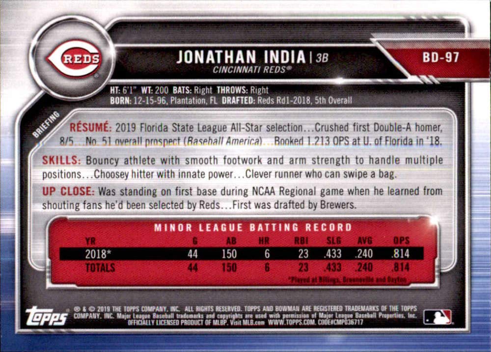 2019 Bowman Draft Baseball #BD-97 Jonathan India Cincinnati Reds Official MLB Trading Card produced by Topps