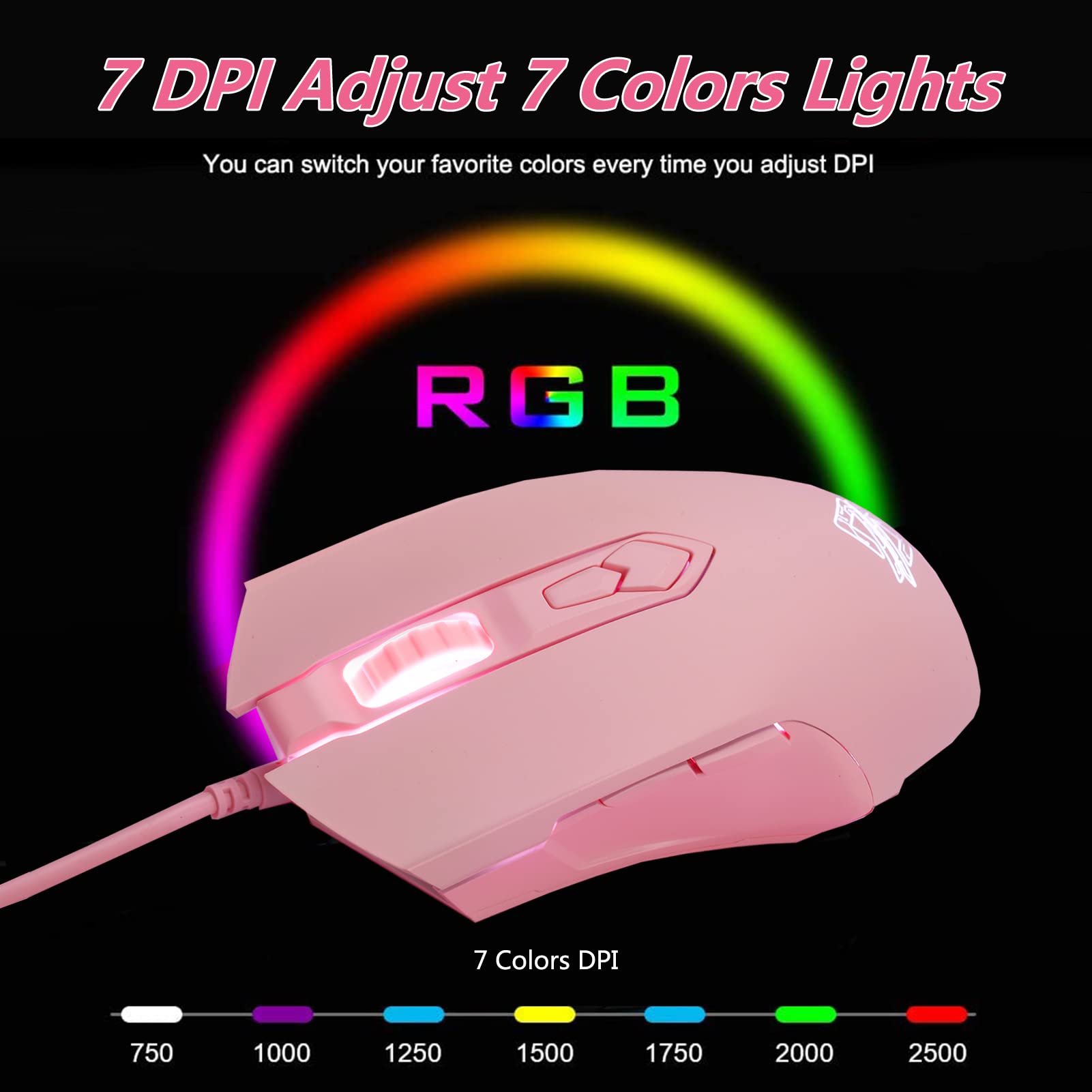 Lomiluskr AJ52 Wired Gaming Mouse, 7 Programmable Buttons, Computer Mice with RGB Lighting, 200-4800 DPI Adjustable, for Windows/Mac OS/Linux (Pink)