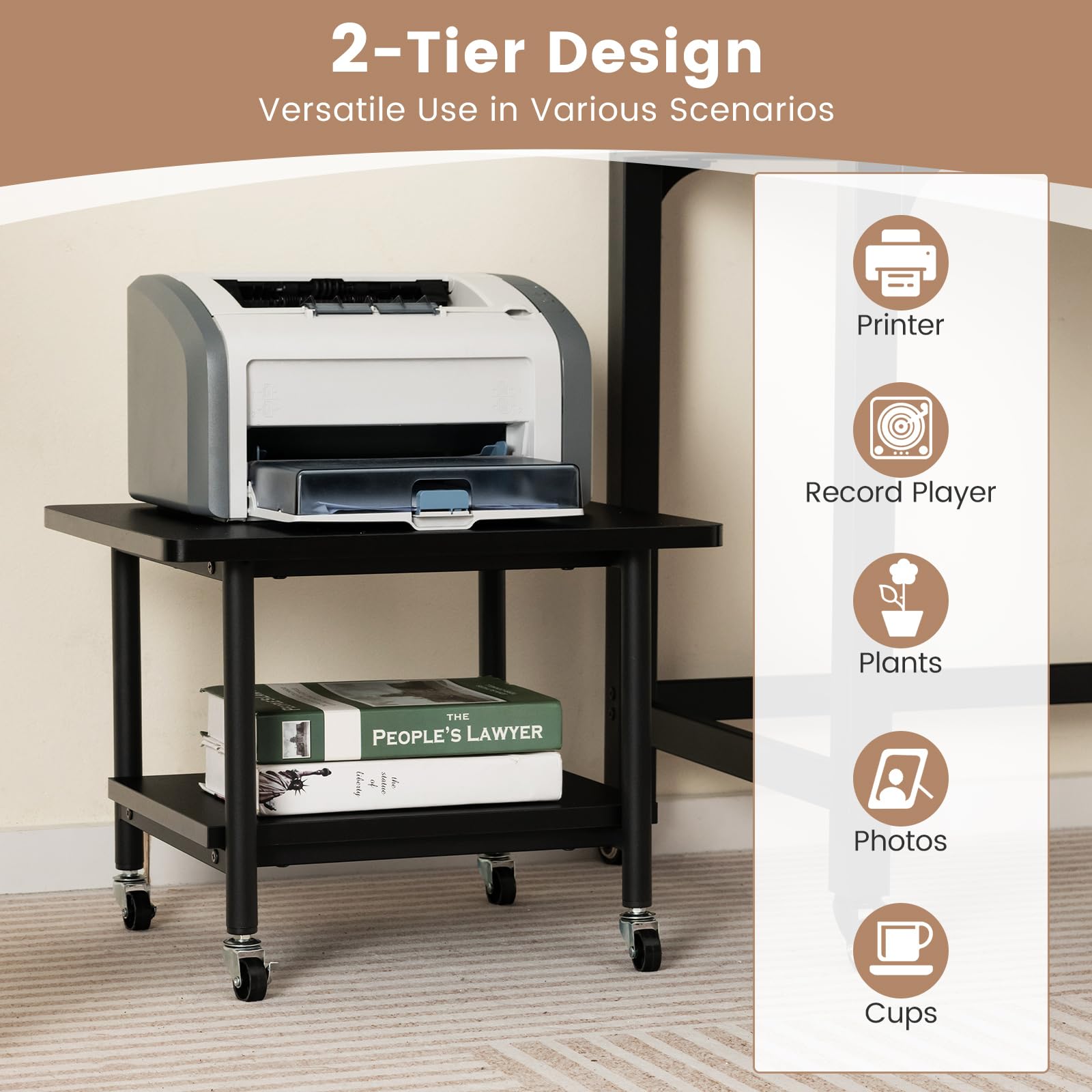 Tangkula Printer Stand with Storage, Under Desk Printer Table with 4 Wheels & Locking Mechanism, 2-Tier Rolling End Table Storage Rack for Bedroom, Living Room, Study