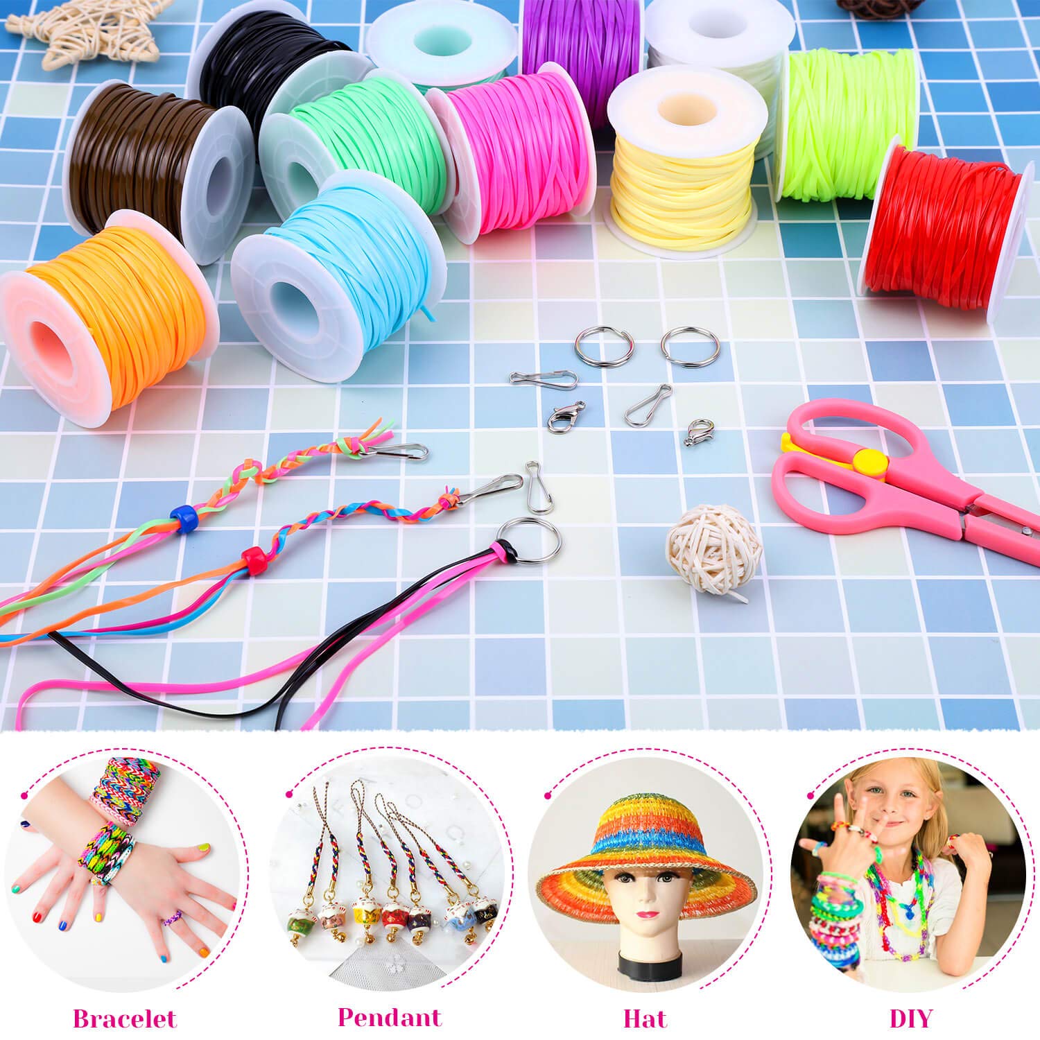 Lanyard String, Cridoz Gimp String Kit with 12 Rolls Plastic Lacing Cord, 20 Pcs Snap Clip Hooks, 20Pcs Key Chain Ring Clips, 10 Pcs Lobster Clasps for Crafts, Bracelet and Lanyards