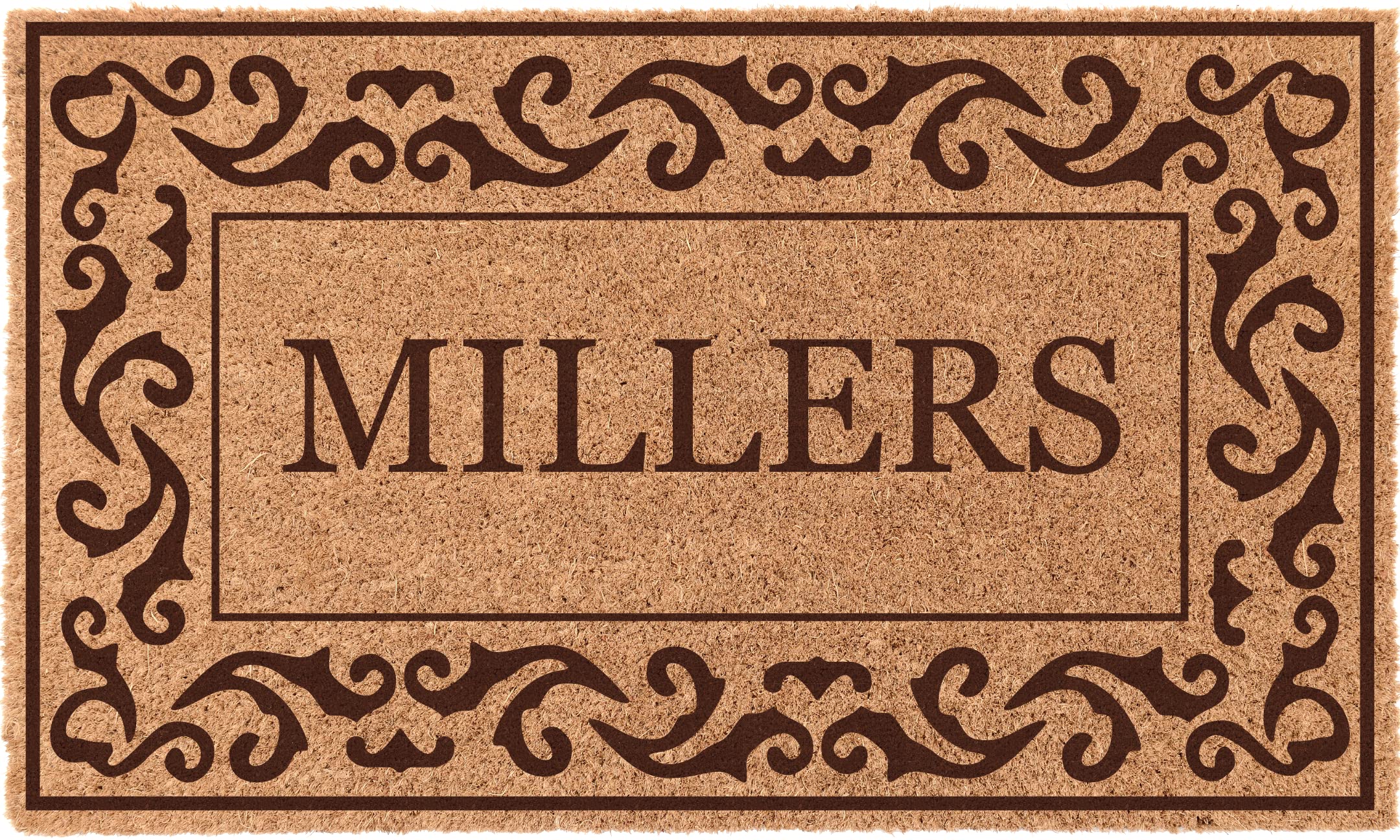 COCO MATS 'N MORE Brown Rolling Scrolls Bordered Personalized Coco Doormat 18" x 30" with Vinyl Backing | Personalized Coir Front Door Mat | Tough Coir Husk Cleans Dirtiest Shoes