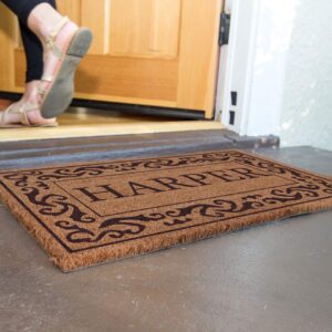 COCO MATS 'N MORE Brown Rolling Scrolls Bordered Personalized Coco Doormat 18" x 30" with Vinyl Backing | Personalized Coir Front Door Mat | Tough Coir Husk Cleans Dirtiest Shoes