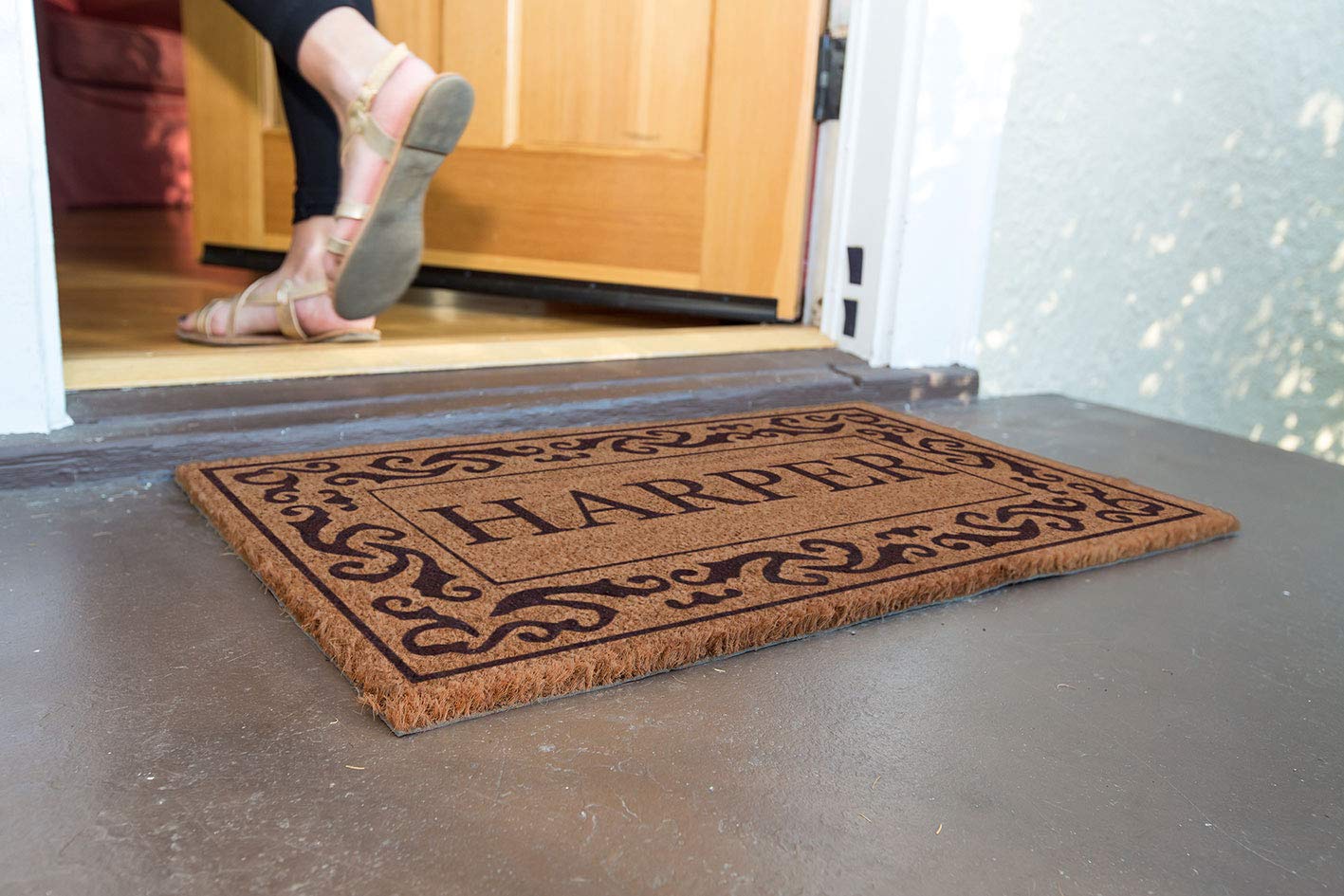 COCO MATS 'N MORE Brown Rolling Scrolls Bordered Personalized Coco Doormat 18" x 30" with Vinyl Backing | Personalized Coir Front Door Mat | Tough Coir Husk Cleans Dirtiest Shoes