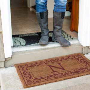 COCO MATS 'N MORE Red Rolling Scrolls Bordered Monogrammed Coco Doormat 22" x 36" with Vinyl Backing | Personalized Monogram Outdoor Mats | Tough Coconut Husk Cleans Dirtiest Shoes