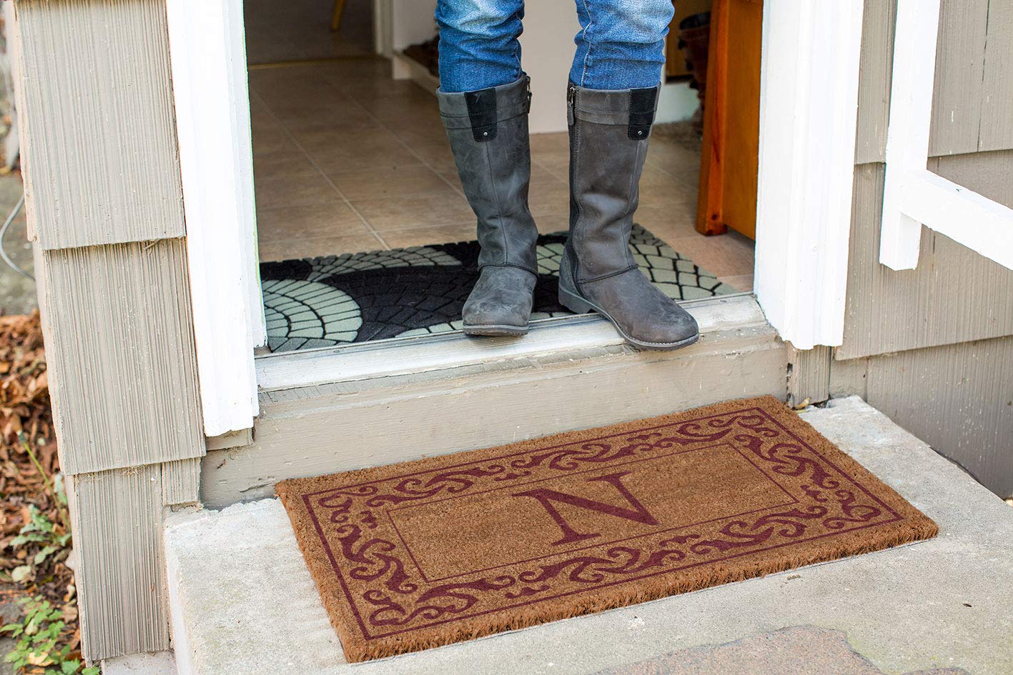 COCO MATS 'N MORE Red Rolling Scrolls Bordered Monogrammed Coco Doormat 22" x 36" with Vinyl Backing | Personalized Monogram Outdoor Mats | Tough Coconut Husk Cleans Dirtiest Shoes