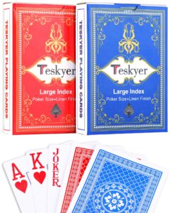 teskyer 2 pack large print playing cards, poker size large index deck of cards, linen finish surface, pattern a