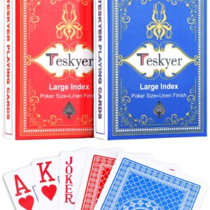 Teskyer 2 Pack Large Print Playing Cards, Poker Size Large Index Deck of Cards, Linen Finish Surface, Pattern A