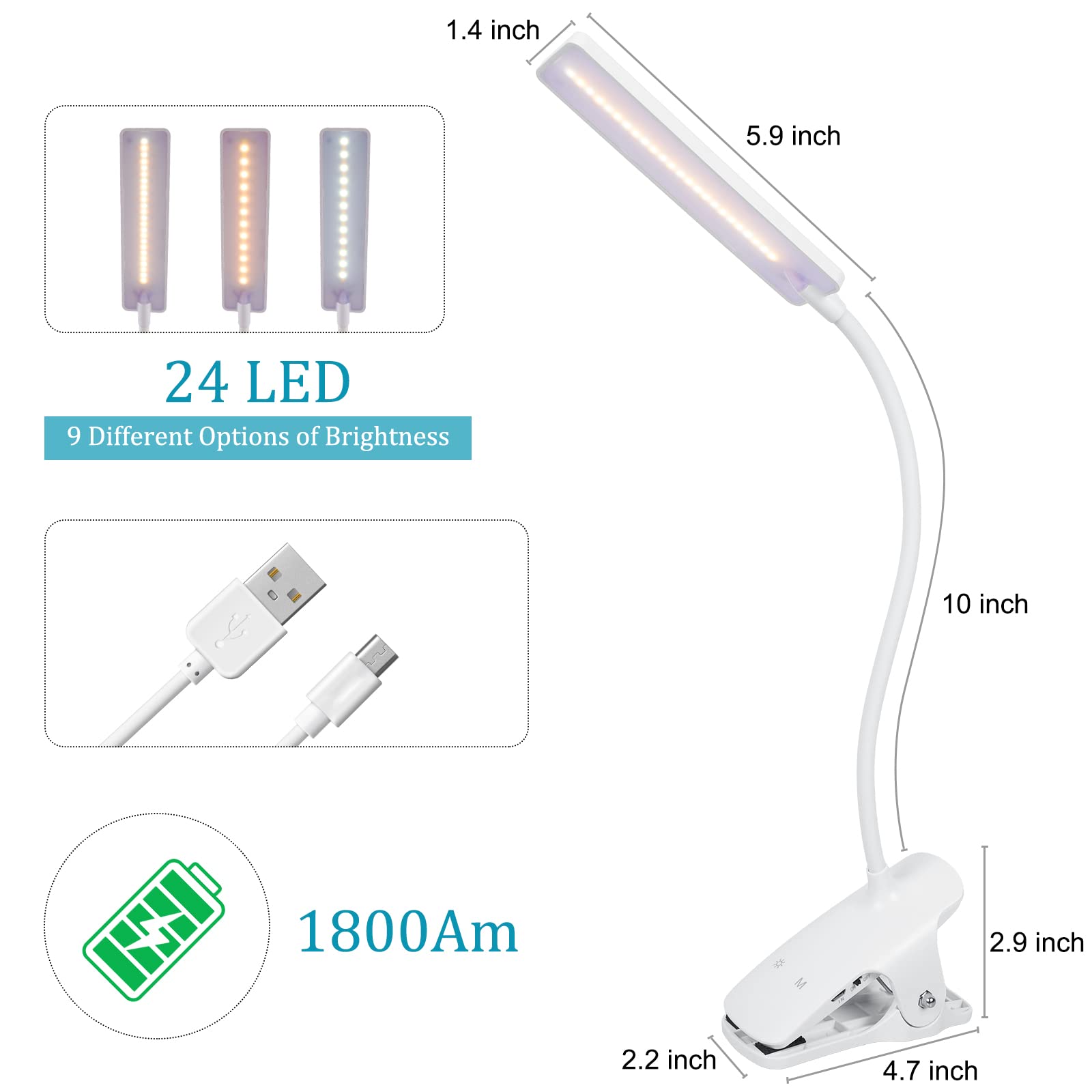 deaunbr LED Reading Light with Clip USB Rechargeable Book Lights, Eye Protection 24 LEDs Flexible Neck Night Bed Lamp, Touch Control Portable Clamp Desk Lamps for Bed Headboard, Computers