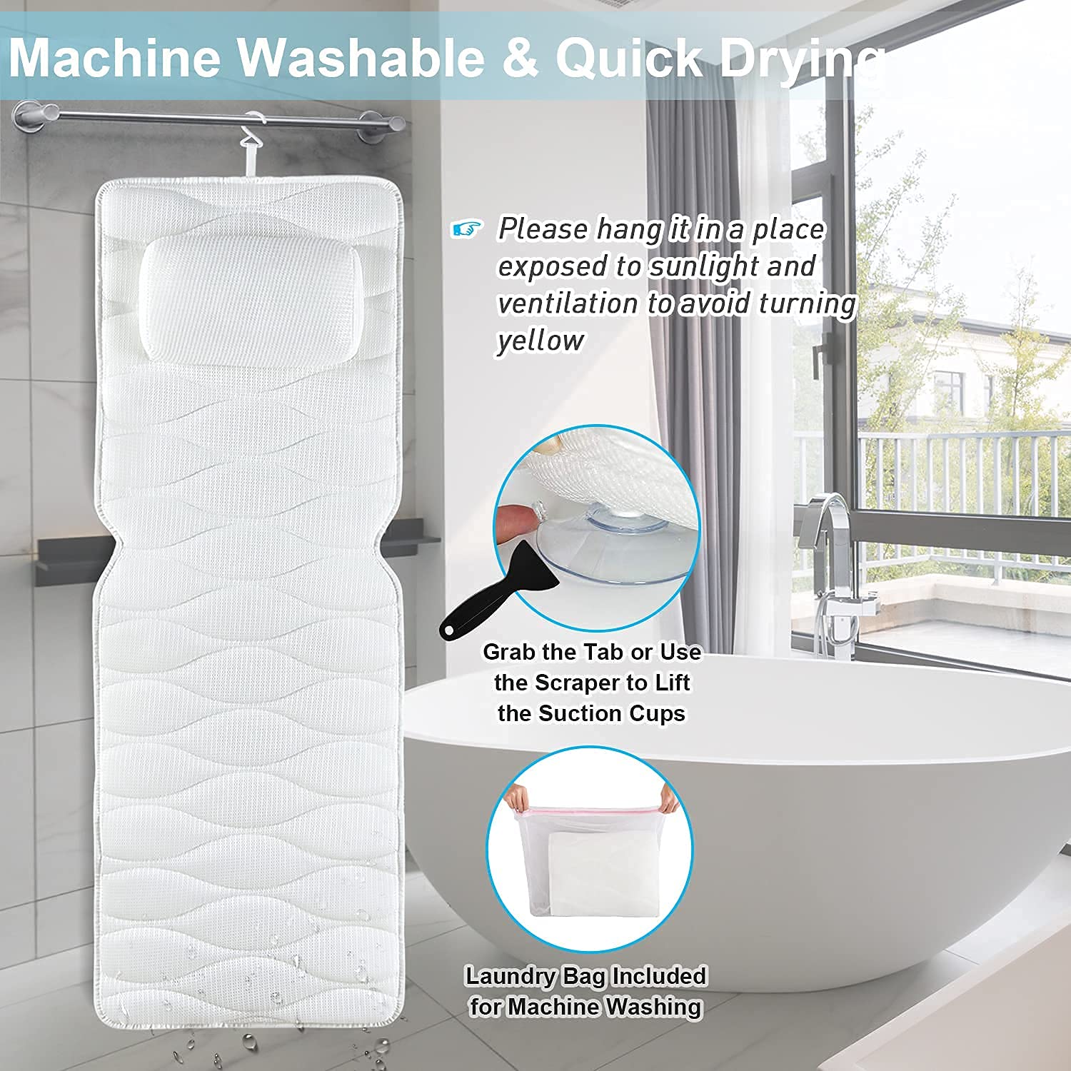 Full Body Bath Pillow, Bath Pillows for tub with Mesh Washing Bag & 21 Non-Slip Suction Cups, Spa Bathtub Pillow for Head Neck Shoulder and Back Support - 5D Air Mesh & Quick Drying