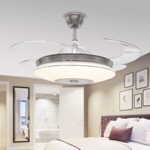 yeeled light 42" remote control retractable reversible ceiling fans with 3 changing light color invisible ceiling fan chandelier for indoor bedroom ceiling light kits with fans (42 inch, silver-02)