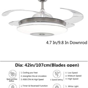 YEELED Light 42" Remote Control Retractable Reversible Ceiling Fans with 3 Changing Light Color Invisible Ceiling Fan Chandelier for Indoor Bedroom Ceiling Light Kits with Fans (42 Inch, Silver-02)