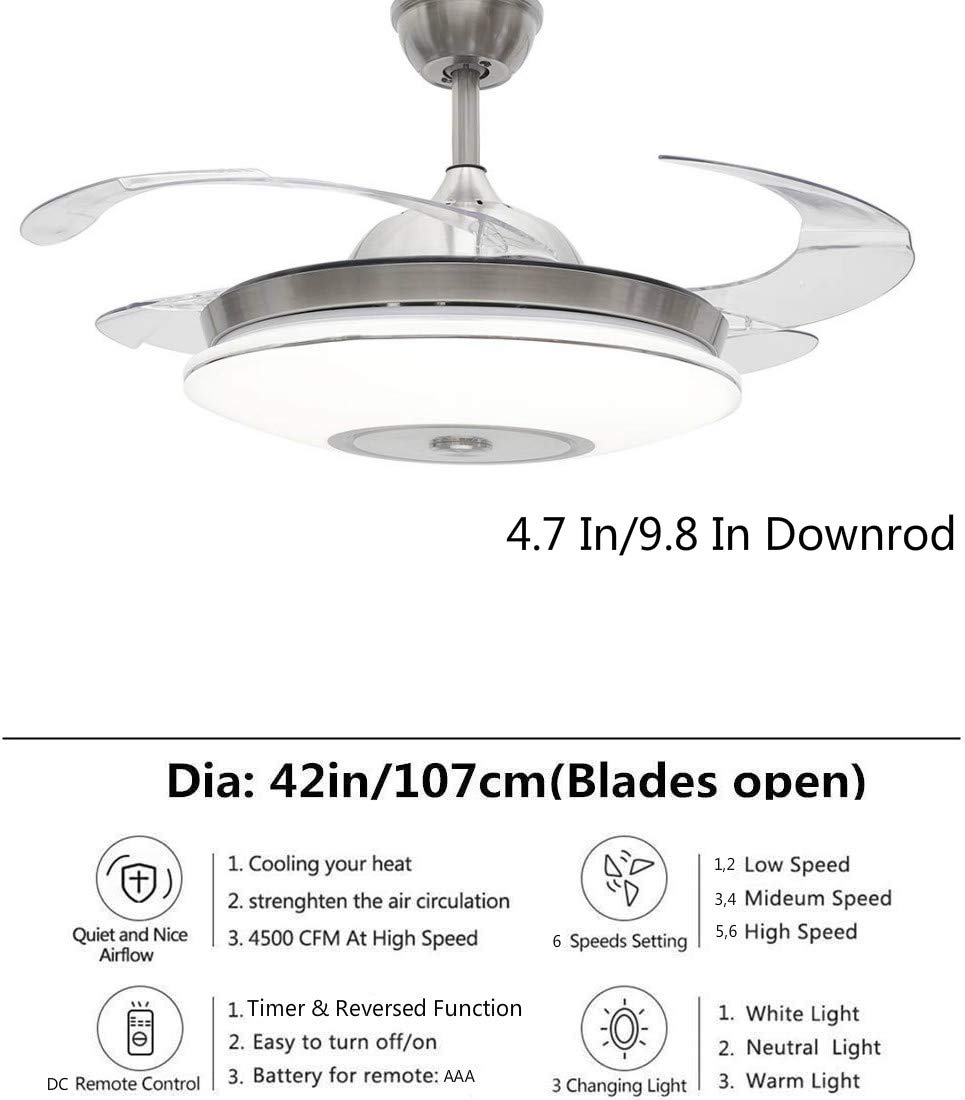 YEELED Light 42" Remote Control Retractable Reversible Ceiling Fans with 3 Changing Light Color Invisible Ceiling Fan Chandelier for Indoor Bedroom Ceiling Light Kits with Fans (42 Inch, Silver-02)