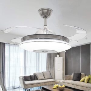 YEELED Light 42" Remote Control Retractable Reversible Ceiling Fans with 3 Changing Light Color Invisible Ceiling Fan Chandelier for Indoor Bedroom Ceiling Light Kits with Fans (42 Inch, Silver-02)