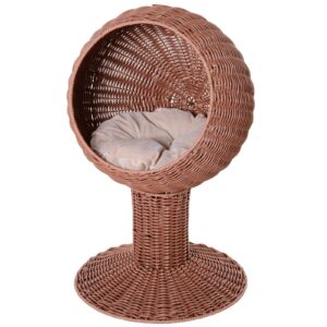 pawhut elevated cat bed with rotatable egg chair pod, cat basket bed with thick cushion, natural mat grass woven kitty house, brown