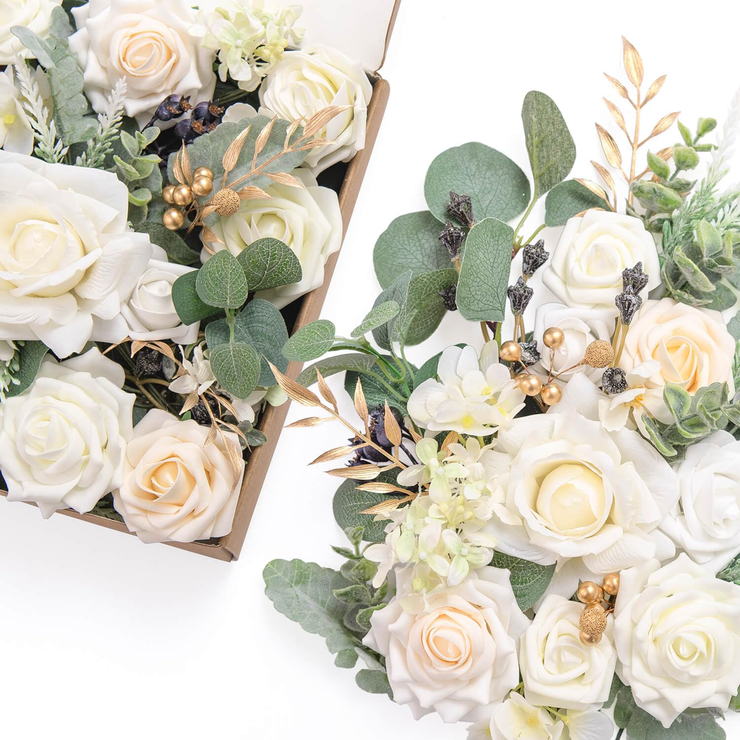 Ling's Moment White Flowers Artificial, Ivory & Cream Fake Flowers Eucalyptus Greenery Combo Box Set for DIY Wedding Bridal Bouquet, Centerpieces, Home Decor, Floral Arrangement Decor, etc.