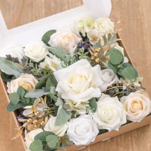 Ling's Moment White Flowers Artificial, Ivory & Cream Fake Flowers Eucalyptus Greenery Combo Box Set for DIY Wedding Bridal Bouquet, Centerpieces, Home Decor, Floral Arrangement Decor, etc.