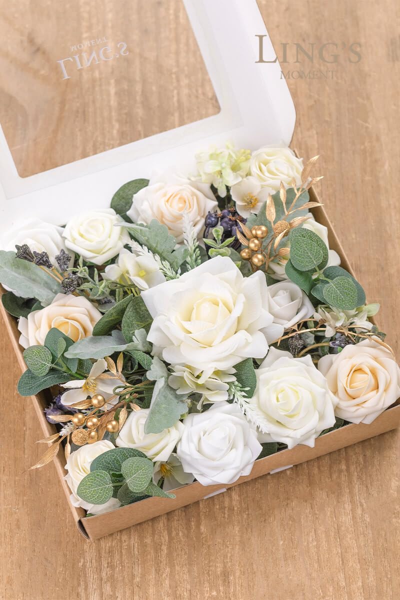 Ling's Moment White Flowers Artificial, Ivory & Cream Fake Flowers Eucalyptus Greenery Combo Box Set for DIY Wedding Bridal Bouquet, Centerpieces, Home Decor, Floral Arrangement Decor, etc.