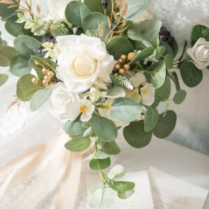 Ling's Moment White Flowers Artificial, Ivory & Cream Fake Flowers Eucalyptus Greenery Combo Box Set for DIY Wedding Bridal Bouquet, Centerpieces, Home Decor, Floral Arrangement Decor, etc.