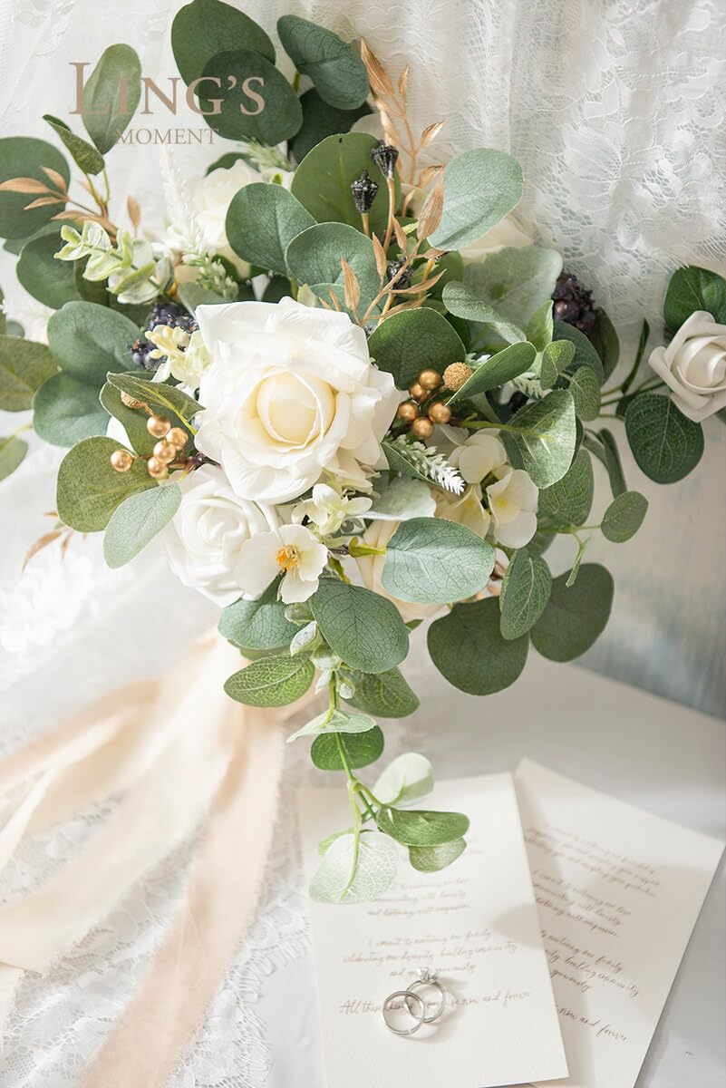 Ling's Moment White Flowers Artificial, Ivory & Cream Fake Flowers Eucalyptus Greenery Combo Box Set for DIY Wedding Bridal Bouquet, Centerpieces, Home Decor, Floral Arrangement Decor, etc.