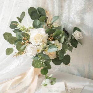 Ling's Moment White Flowers Artificial, Ivory & Cream Fake Flowers Eucalyptus Greenery Combo Box Set for DIY Wedding Bridal Bouquet, Centerpieces, Home Decor, Floral Arrangement Decor, etc.