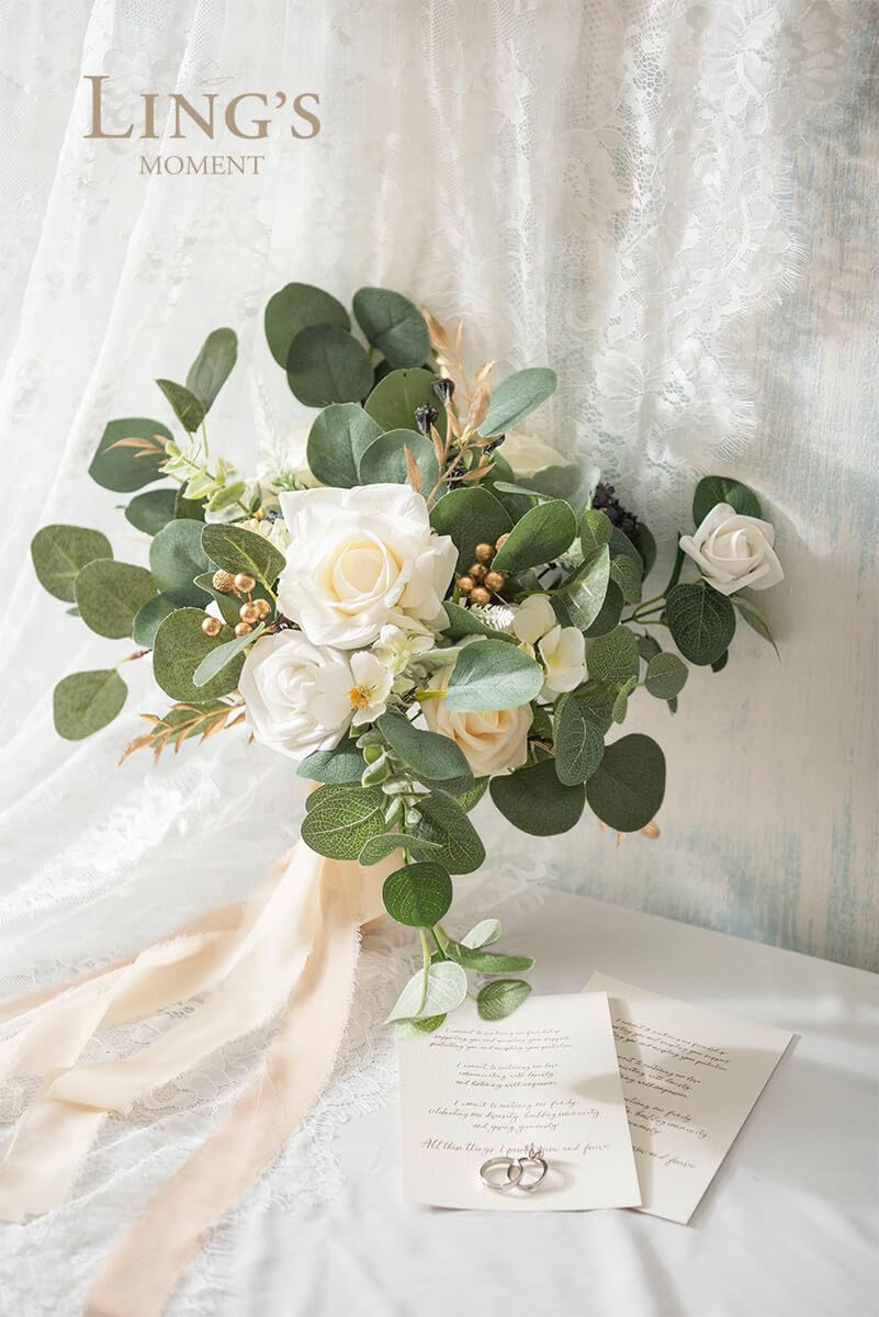 Ling's Moment White Flowers Artificial, Ivory & Cream Fake Flowers Eucalyptus Greenery Combo Box Set for DIY Wedding Bridal Bouquet, Centerpieces, Home Decor, Floral Arrangement Decor, etc.