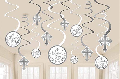 Stunning Silver Holy Day Spiral Hanging Decorations - 5" (Pack of 12) - Dazzling Cardboard Swirls - Ideal for First Communions