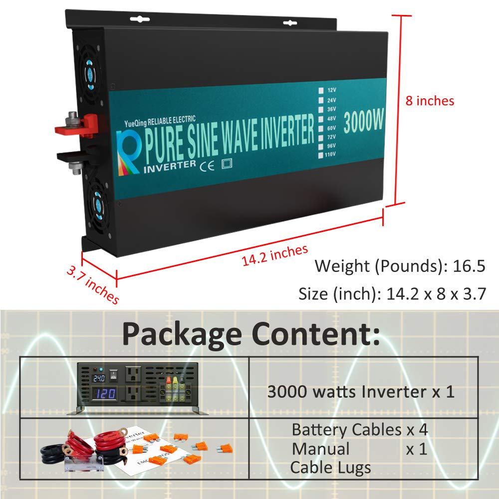 WZRELB 3000W 48V (42V-60V) 120V Pure Sine Wave Power Inverter with 2 AC Outlets,Car Inverter (RBP-300048), Black