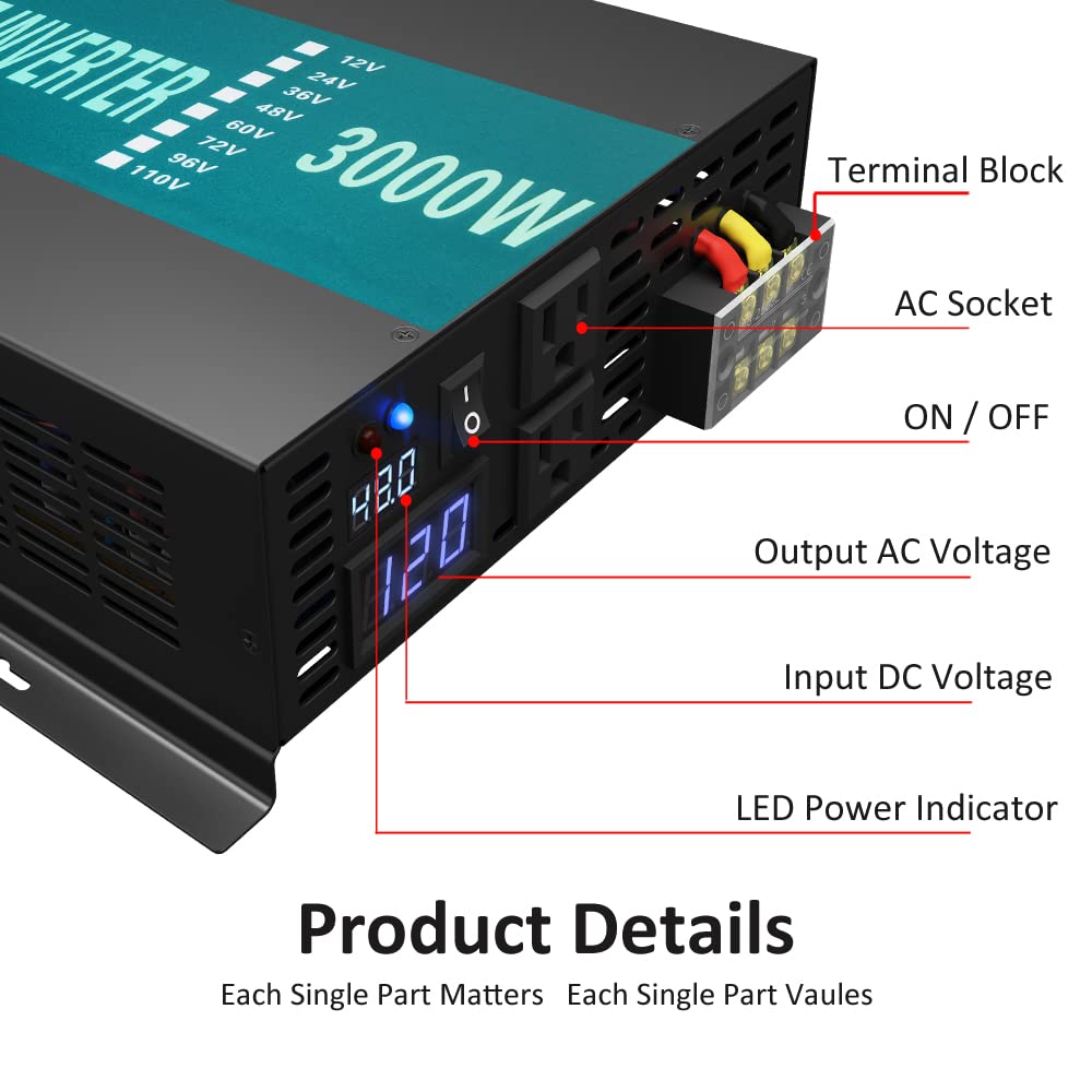 WZRELB 3000W 48V (42V-60V) 120V Pure Sine Wave Power Inverter with 2 AC Outlets,Car Inverter (RBP-300048), Black