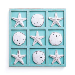 nikky home beach tic tac toe for fun starfish sand dollar coastal house coffee table decor wood board travel game, 8.98 x 8.98 x 1.18 inch, teal