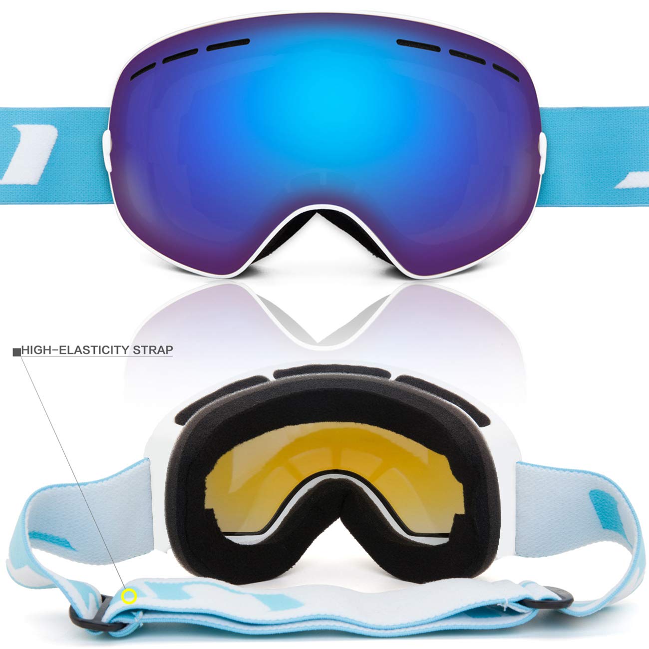 JULI Kids Ski Goggles,Interchangeable Double Layer Spherical Lens,OTG Anti-Fog Snowboard Skate Snow Goggles Age 4-16 4300（White/Blue）