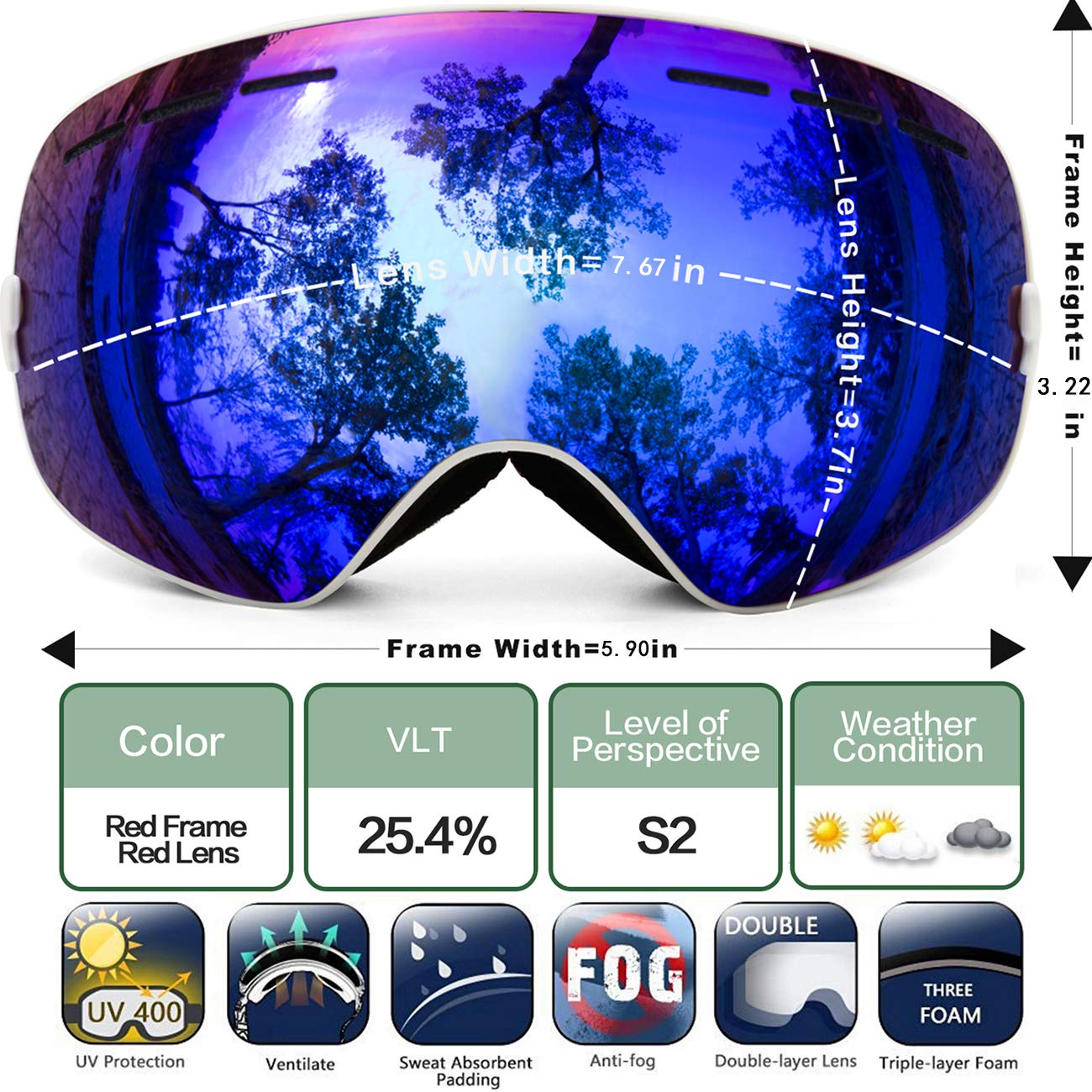 JULI Kids Ski Goggles,Interchangeable Double Layer Spherical Lens,OTG Anti-Fog Snowboard Skate Snow Goggles Age 4-16 4300（White/Blue）