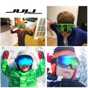 JULI Kids Ski Goggles,Interchangeable Double Layer Spherical Lens,OTG Anti-Fog Snowboard Skate Snow Goggles Age 4-16 4300（White/Blue）