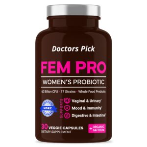 doctors pick fem pro probiotics for women. 17 clinically effective strains for vaginal, digestive & immune support, urinary tract health, ph balance and mood. organic prebiotic, 30 veggie capsules