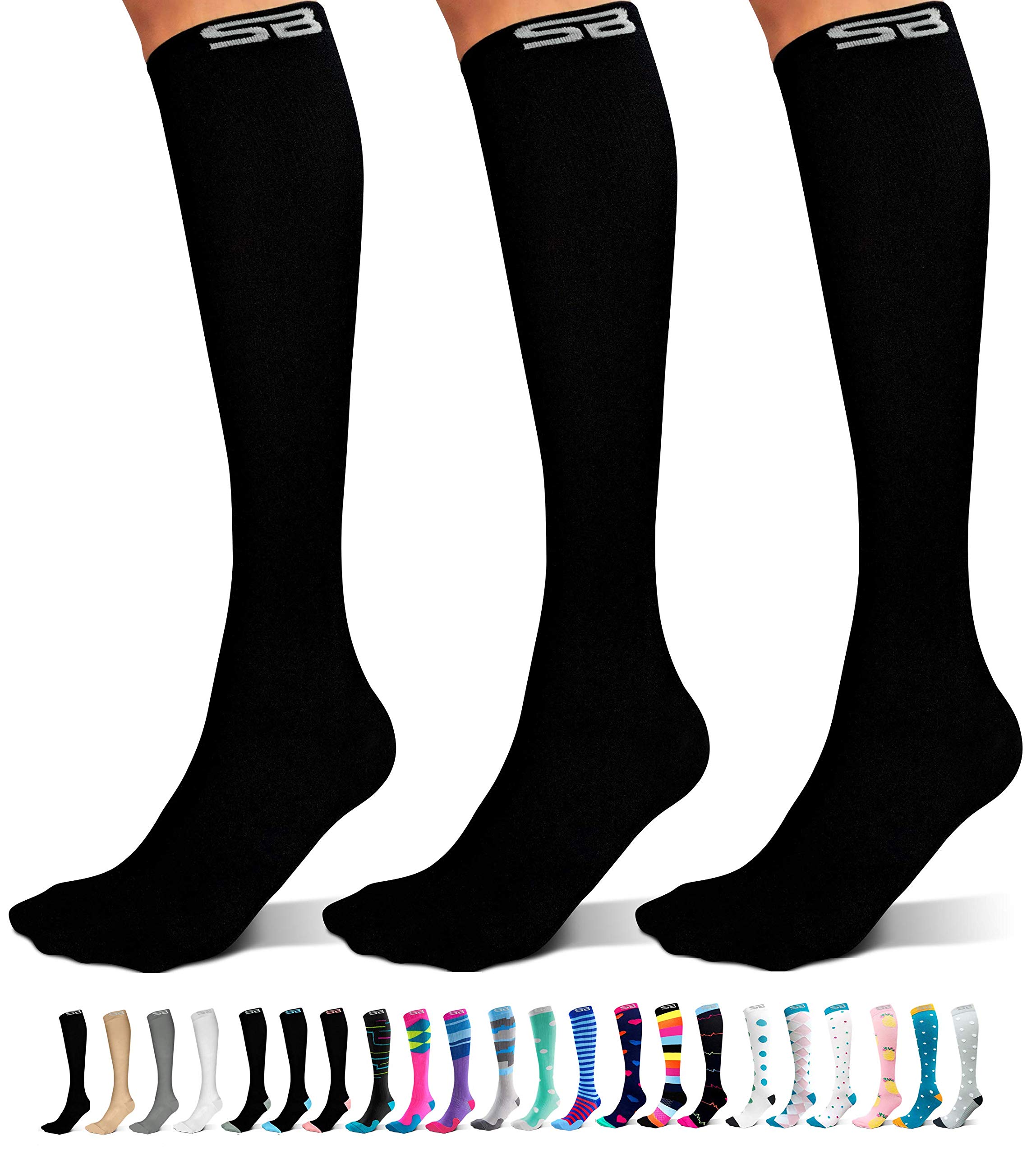 SB SOX 3-Pair Compression Socks (15-20mmHg) for Men & Women – Best Socks for All Day Wear! (L/XL, 01 – Solid Black)