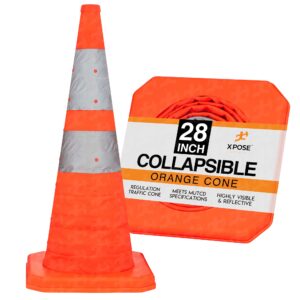 collapsible orange traffic safety cone - 28 inch - heavy duty reflective traffic cones for roadside emergency and vehicle safety - for parking, caution signs, construction, road crews (1)