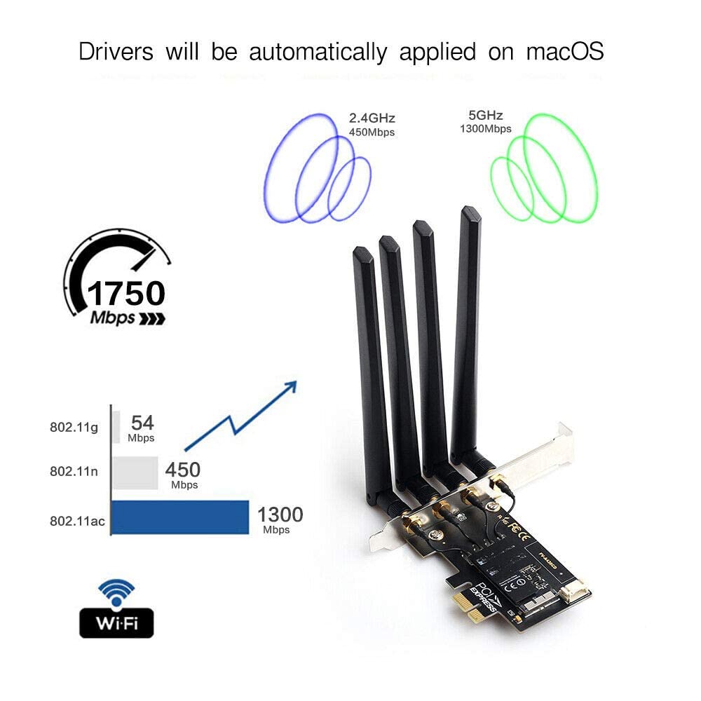 Hackintosh WiFi Dual Band macOS WiFi Card BCM94360CD 802.11a/g/n/ac 1750Mbps BT4.0 PCIe Network Adapter Natively Support AirDrop Handoff (Plug and Play for macOS)