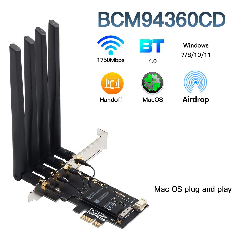 Hackintosh WiFi Dual Band macOS WiFi Card BCM94360CD 802.11a/g/n/ac 1750Mbps BT4.0 PCIe Network Adapter Natively Support AirDrop Handoff (Plug and Play for macOS)