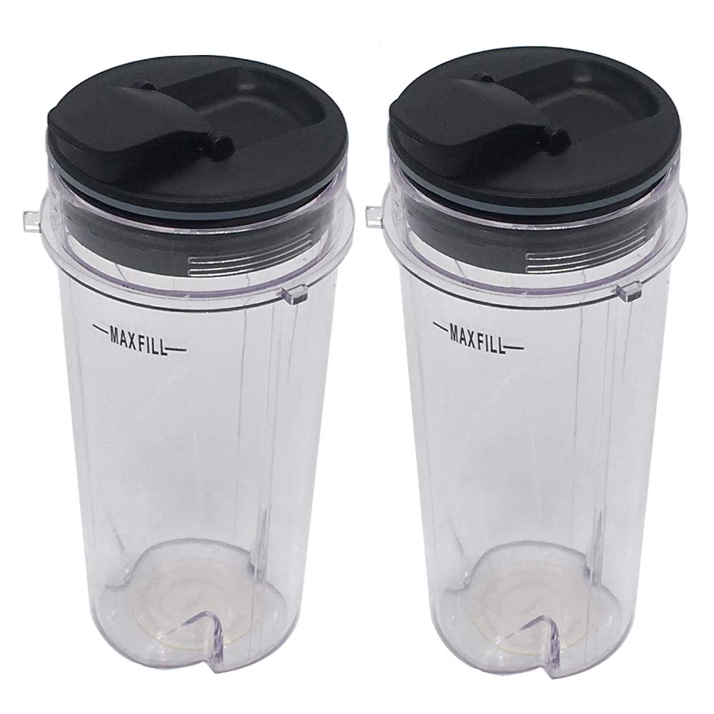 Joystar Replacement Parts Two Pack 16-Ounce (16 oz.) Single Serve Cup with spout lid for Nutri Ninja BL203QBK/BL208QBK/BL207QBK/BL206QBK/BL209/BL201C/BL201/BL200/BL100/BL101/BL102