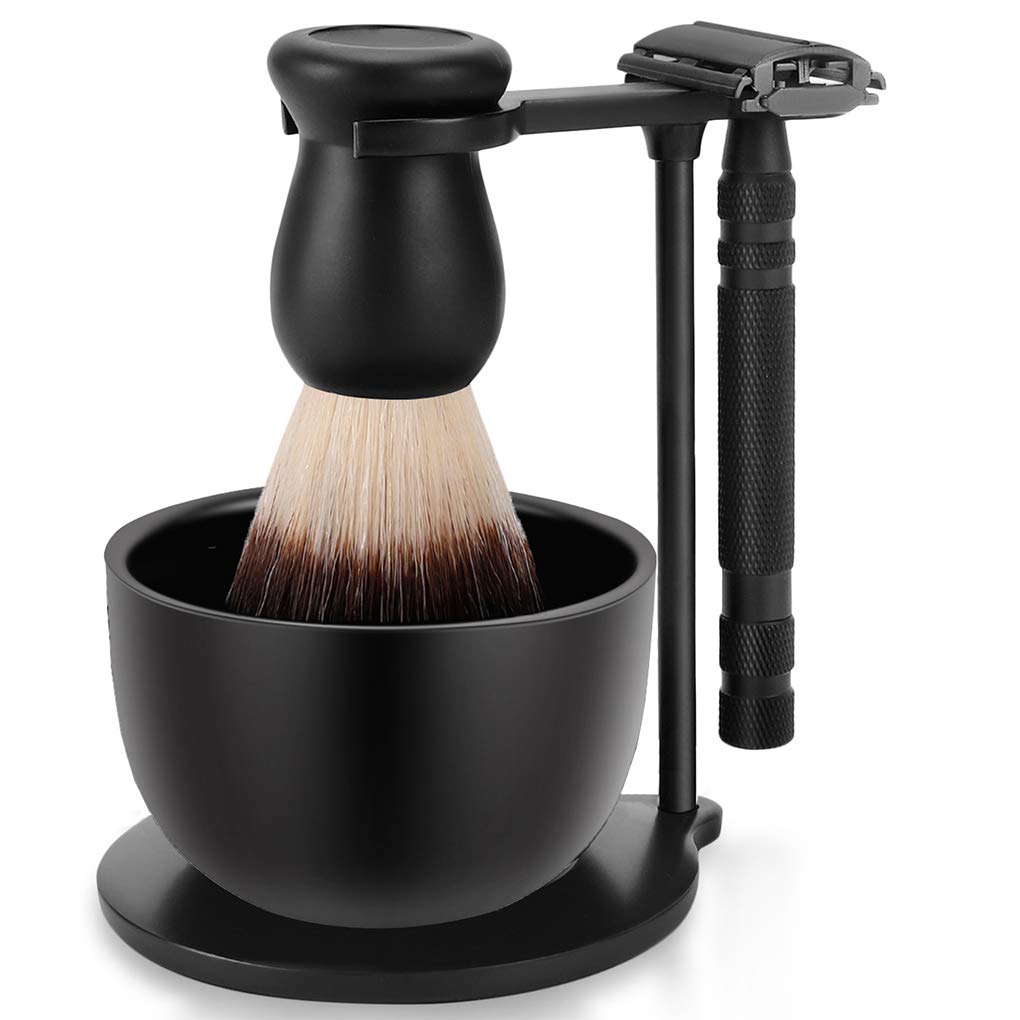 Amazing Men's Wet Shaving Kit - Mysterious Black Shaving & Grooming Sets - Deluxe Heavyweight Shaving Brush Razor Stand with Stainless Steel Soap Bowl and Friendly Brush