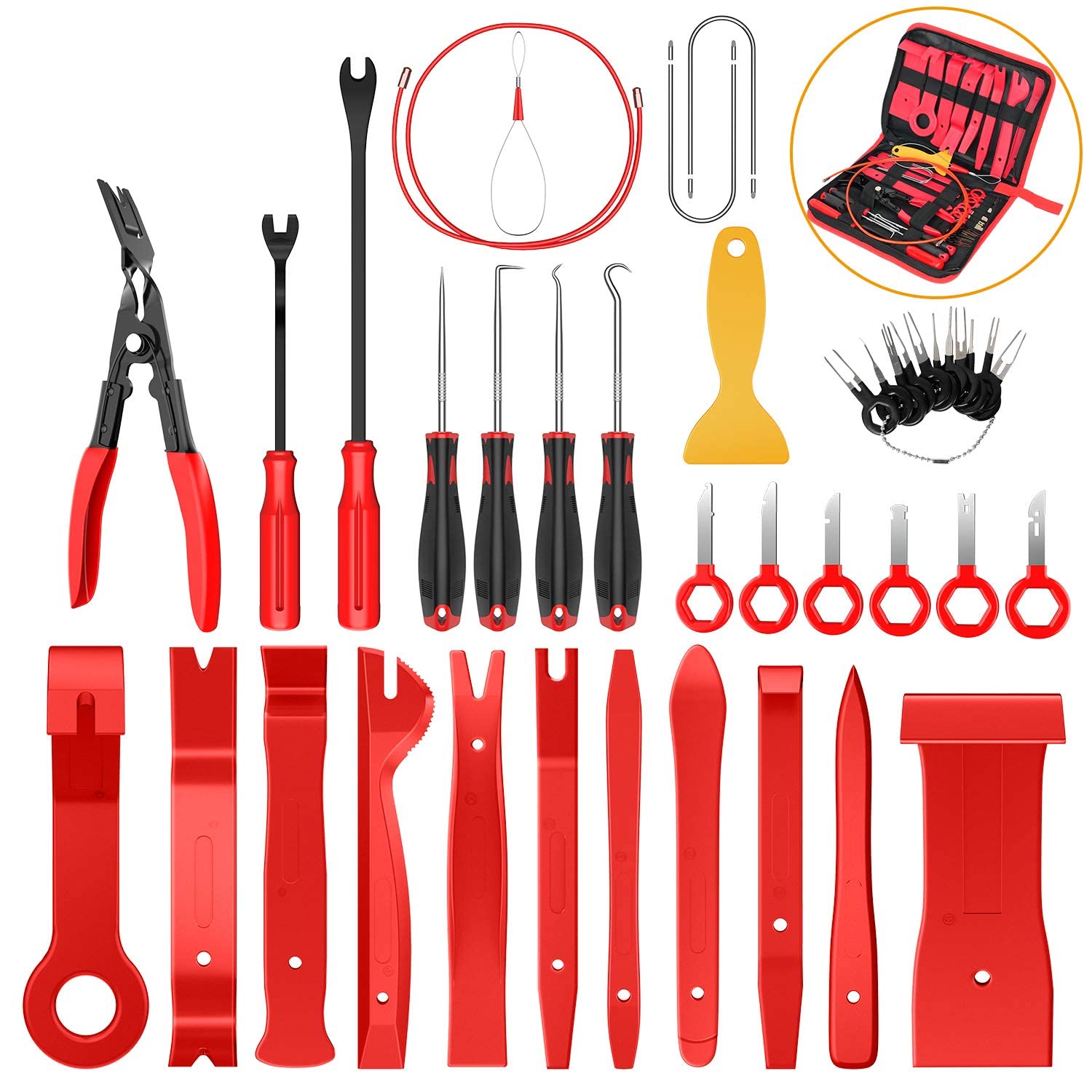 GOOACC 40Pcs Trim Removal Tool,Auto Terminal Removal Key Tool,Auto Clip Pliers Stereo Removal Tools,Car Upholstery Repair Removal Kit,Precision Hook and Pick Set,Wiring Threader,Car Film Scraper