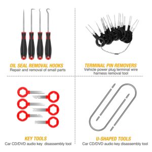 GOOACC 40Pcs Trim Removal Tool,Auto Terminal Removal Key Tool,Auto Clip Pliers Stereo Removal Tools,Car Upholstery Repair Removal Kit,Precision Hook and Pick Set,Wiring Threader,Car Film Scraper