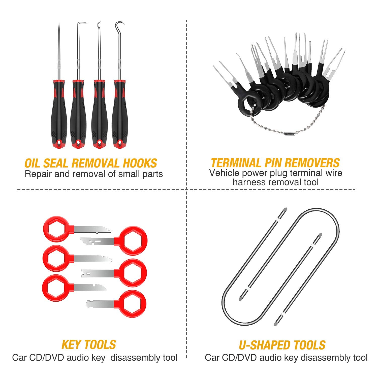 GOOACC 40Pcs Trim Removal Tool,Auto Terminal Removal Key Tool,Auto Clip Pliers Stereo Removal Tools,Car Upholstery Repair Removal Kit,Precision Hook and Pick Set,Wiring Threader,Car Film Scraper