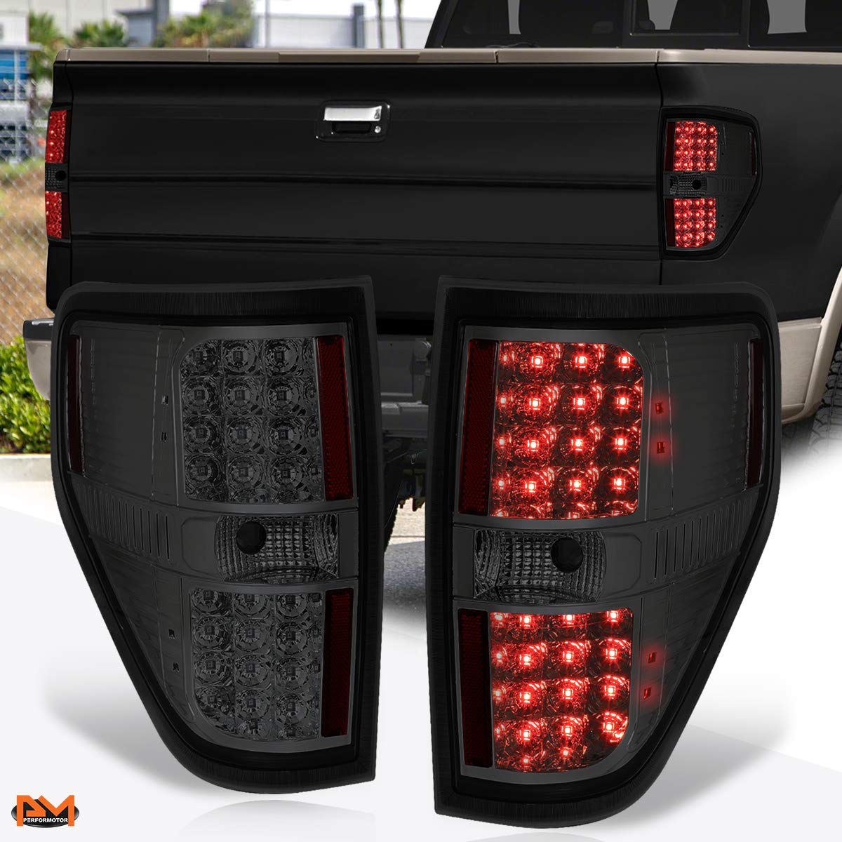 Pair of Full LED Tail Light Rear Brake Lamps Assembly Compatible with 09-14 Ford F150,Chrome Housing Smoked Lens