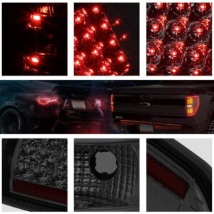 Pair of Full LED Tail Light Rear Brake Lamps Assembly Compatible with 09-14 Ford F150,Chrome Housing Smoked Lens