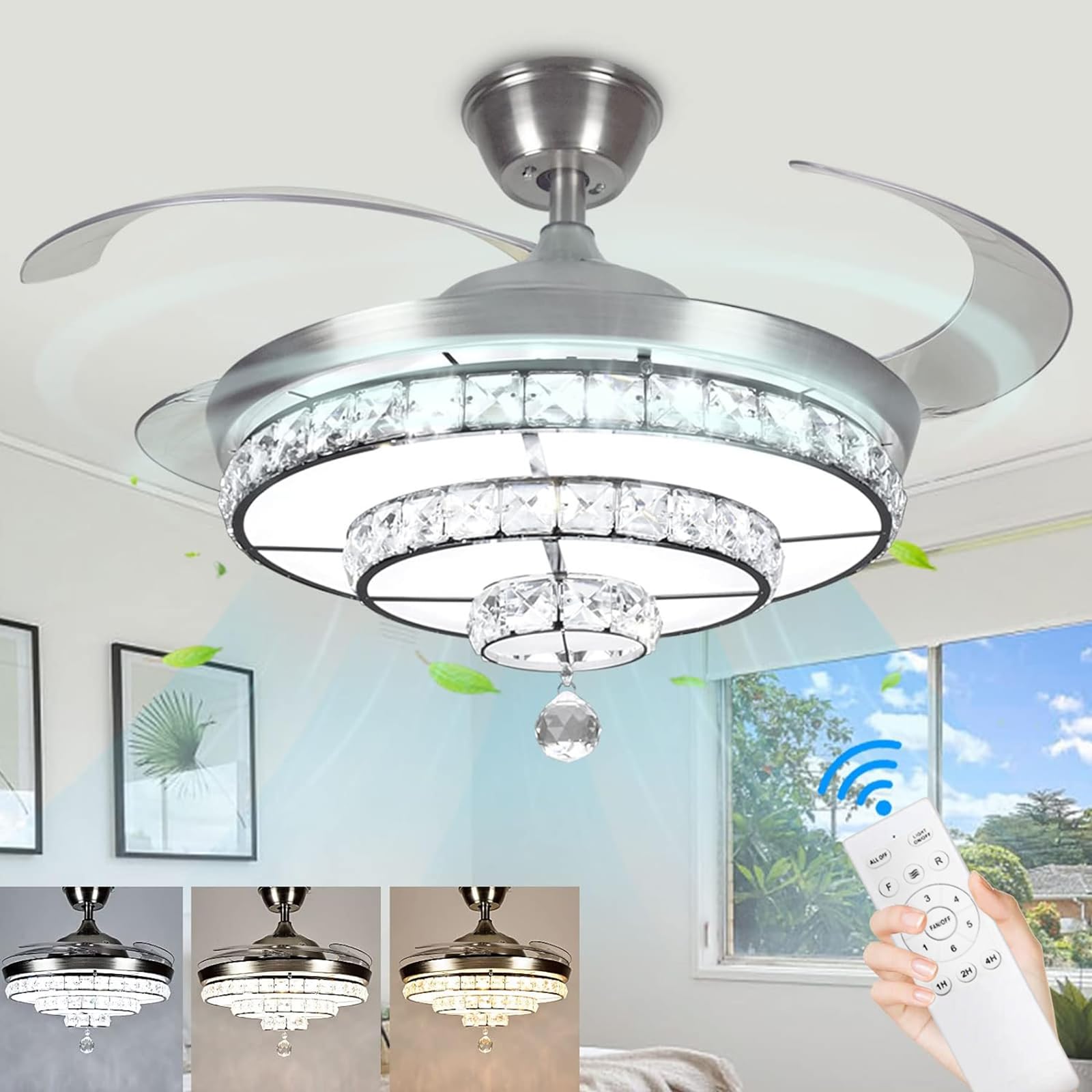 DLLT 42'' Crystal Ceiling Fan with Light, 36W Modern Reversible Ceiling Fan Remote, 3-Blade Retractable LED Fan Chandelier Indoor for Living Room, Bedroom, Dining Room, 3CCT 3000K-6000K, Nickel