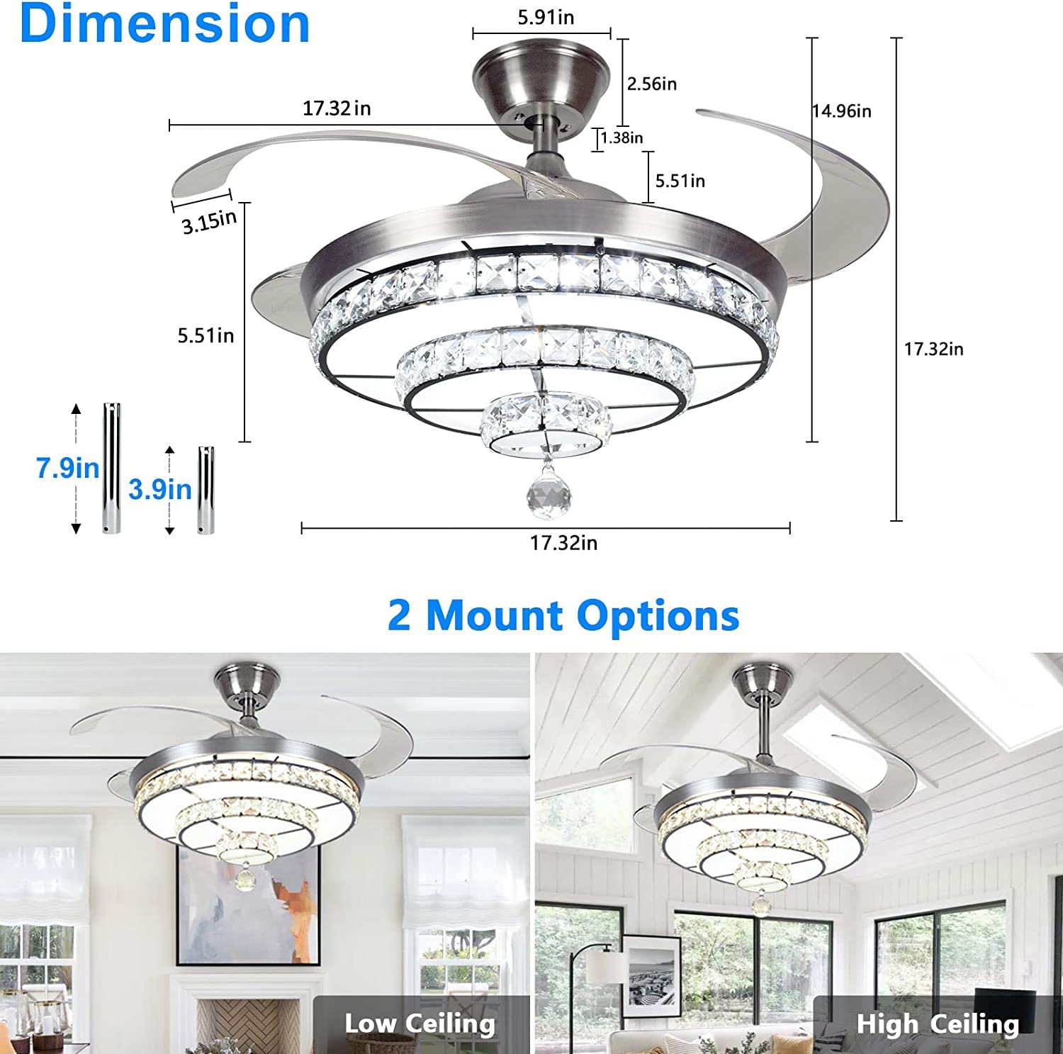 DLLT 42'' Crystal Ceiling Fan with Light, 36W Modern Reversible Ceiling Fan Remote, 3-Blade Retractable LED Fan Chandelier Indoor for Living Room, Bedroom, Dining Room, 3CCT 3000K-6000K, Nickel