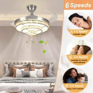 DLLT 42'' Crystal Ceiling Fan with Light, 36W Modern Reversible Ceiling Fan Remote, 3-Blade Retractable LED Fan Chandelier Indoor for Living Room, Bedroom, Dining Room, 3CCT 3000K-6000K, Nickel